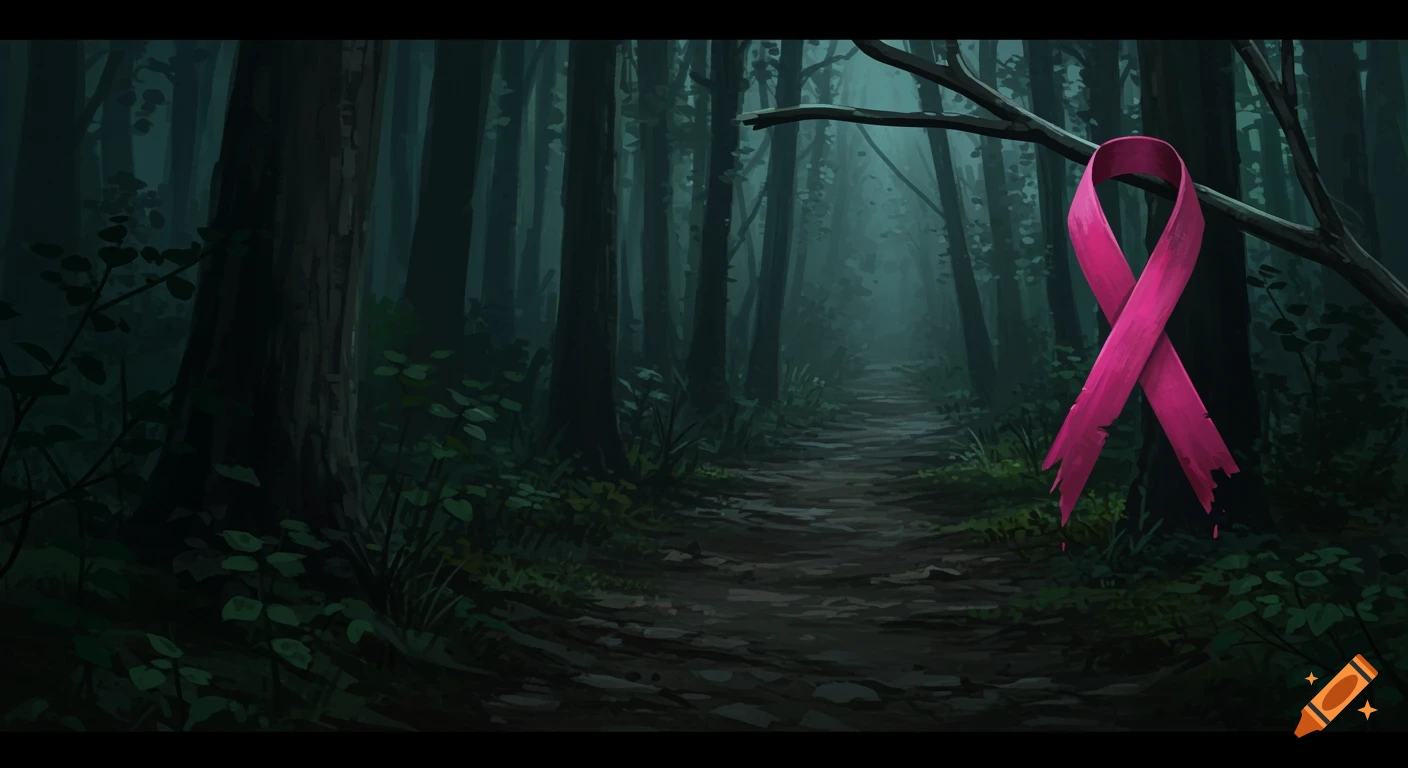 A dark forest path at dusk with a weathered pink ribbon tied to a tree ...