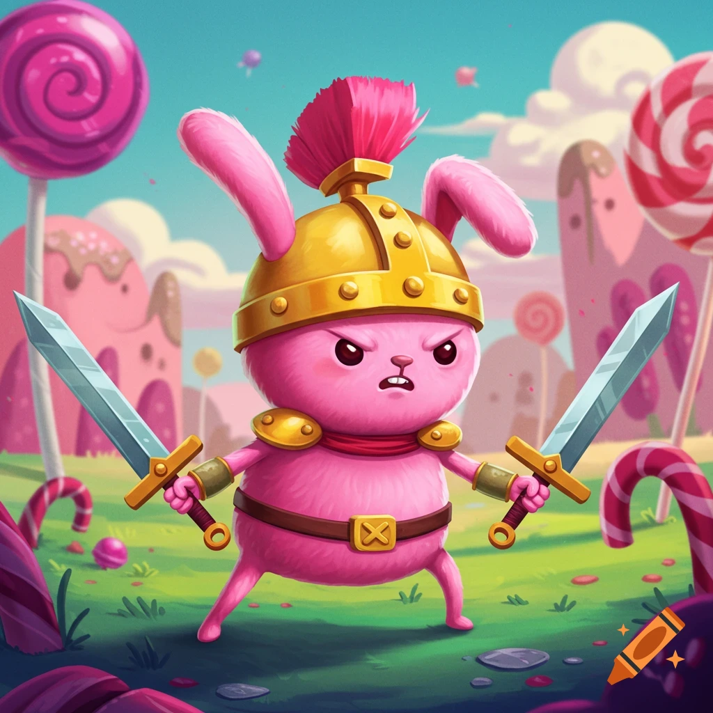 Cartoon pink rabbit warrior in a golden helmet holding two swords in a ...