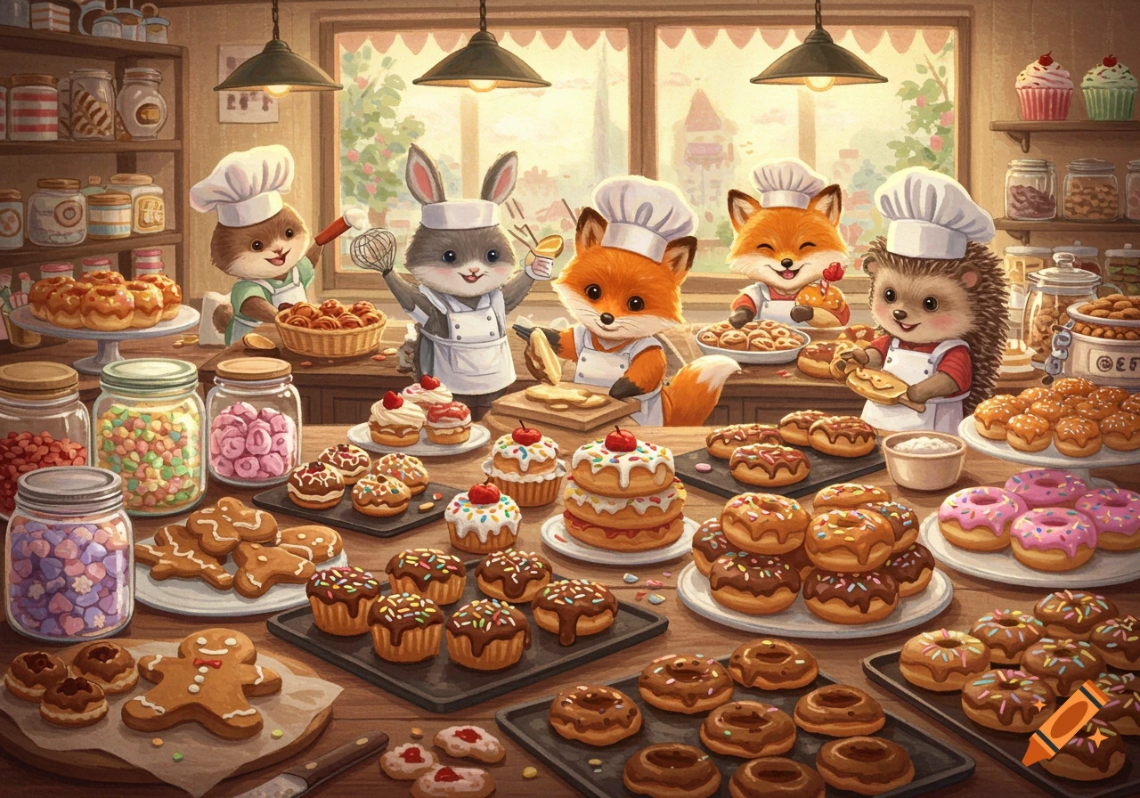 Cute animal bakers making pastries in a kitchen filled with donuts ...