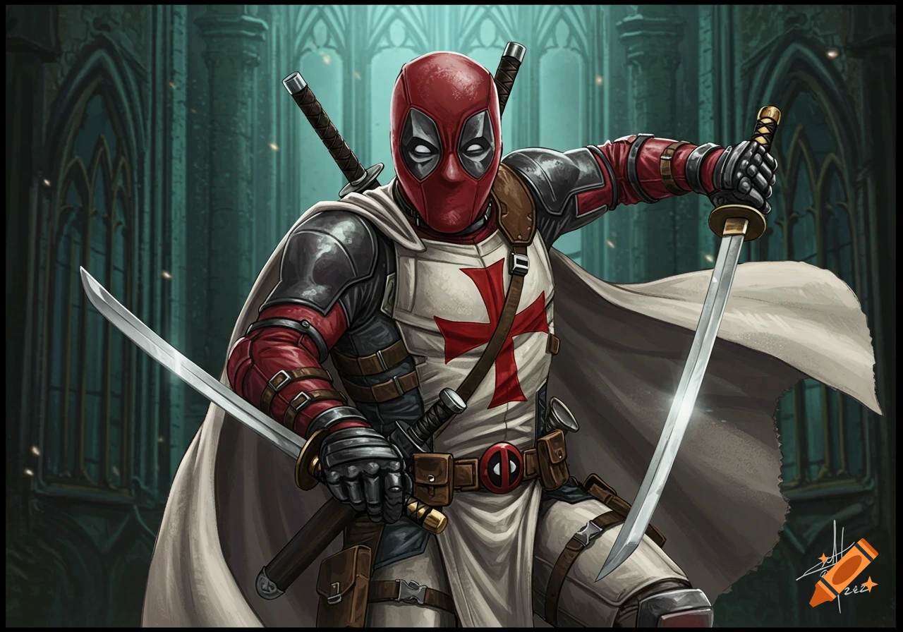 Illustration of Deadpool dressed as a Knight Templar, standing with two ...