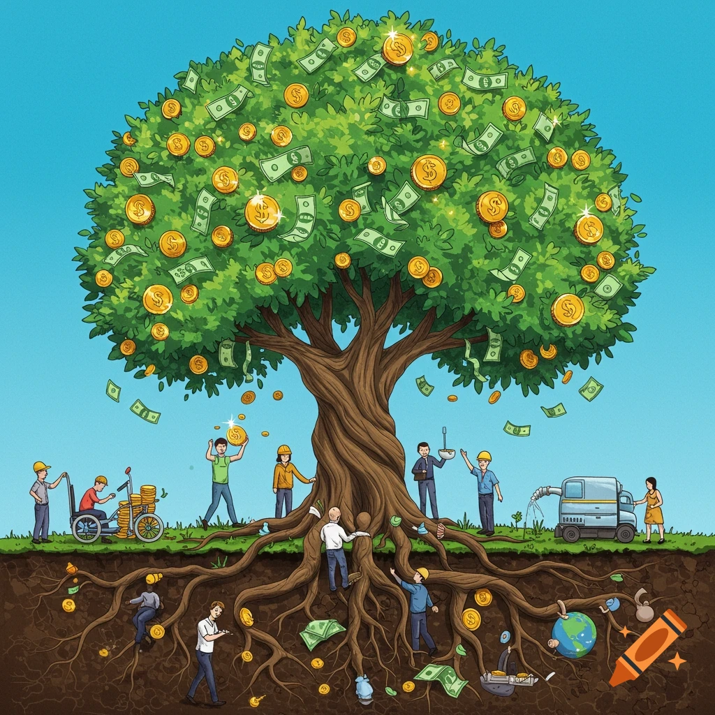 Illustration of a money tree with people harvesting coins and banknotes ...