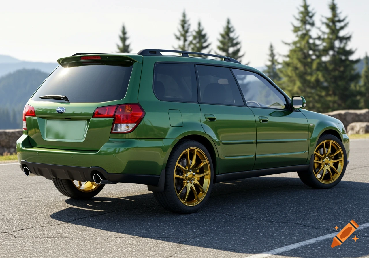 Green Subaru Outback wagon with gold wheels parked on a road with trees ...