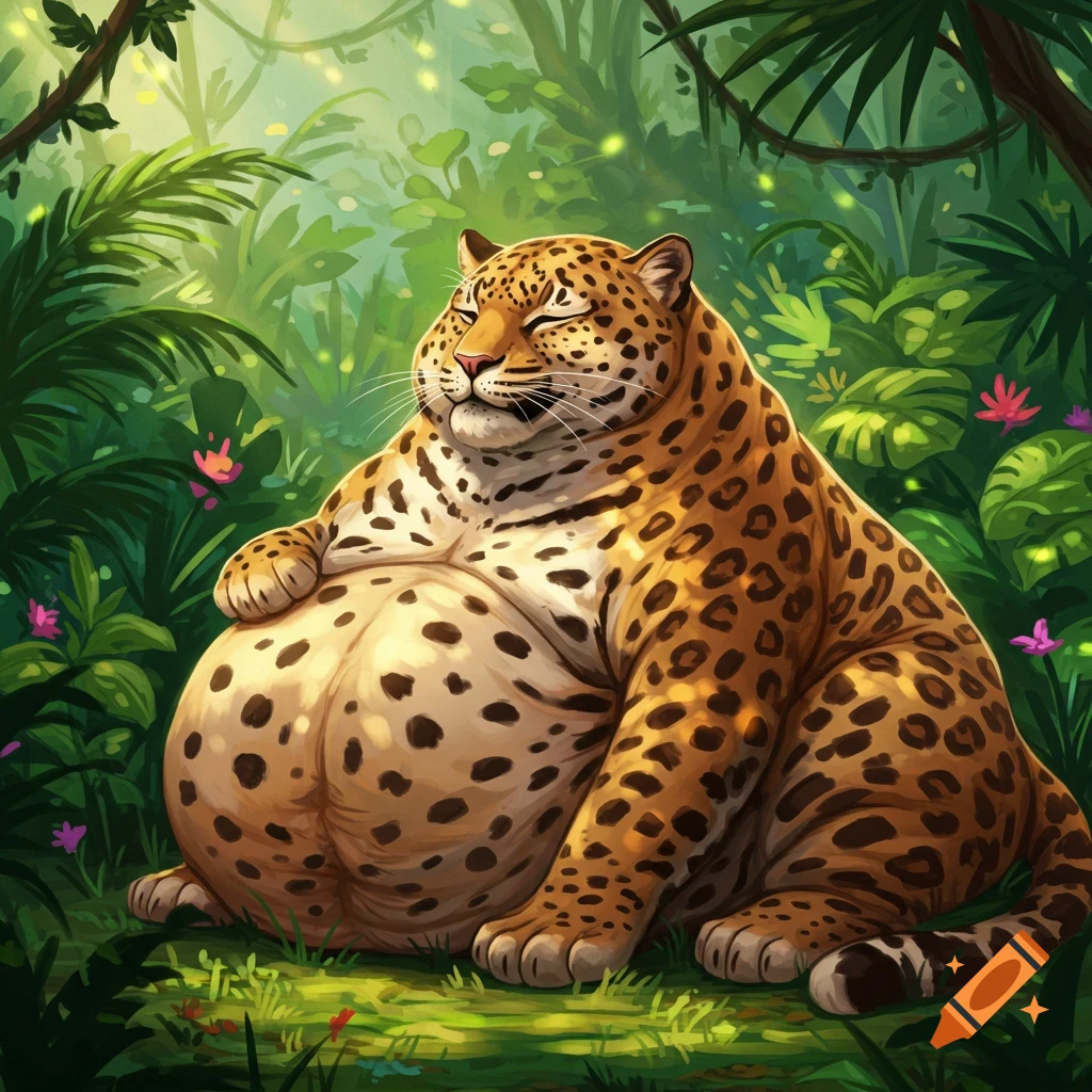 Illustrative drawing of a very obese leopard sitting in a lush green ...