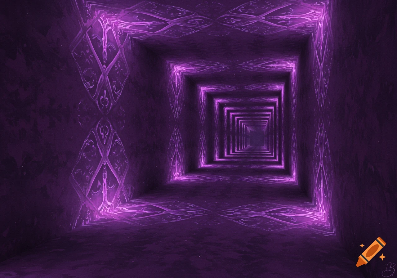 A long purple hallway with glowing geometric patterns and ornate ...
