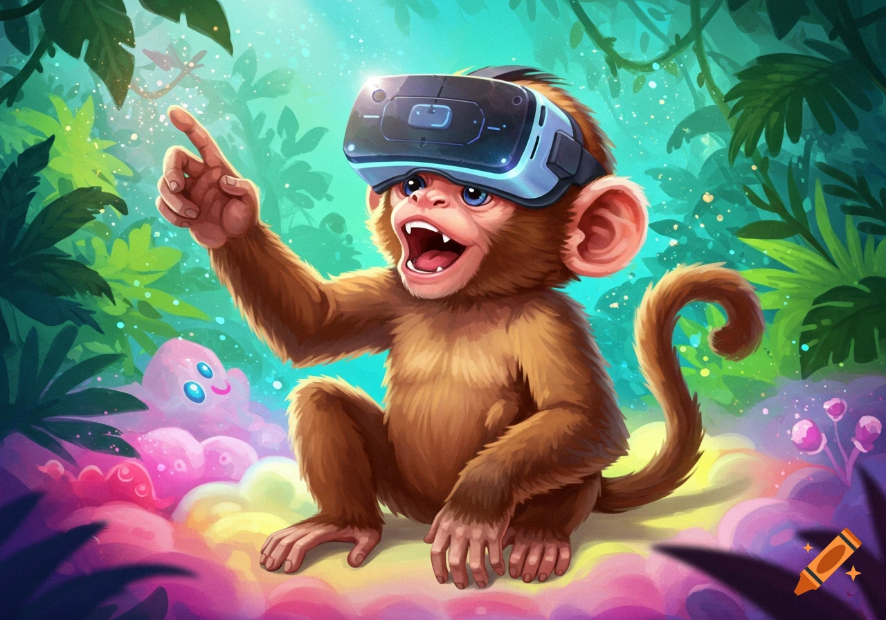 Cartoon illustration of a monkey wearing a VR headset and pointing in a ...
