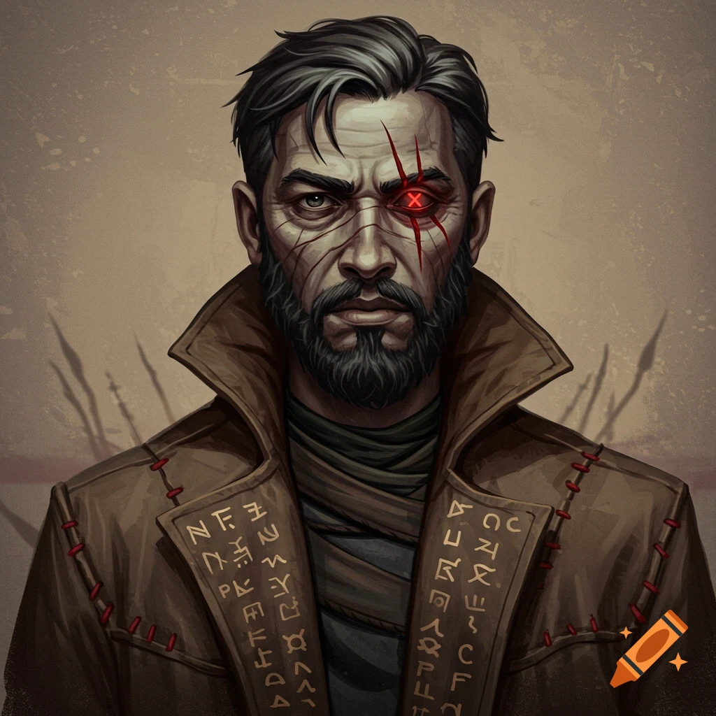 Portrait of a bearded man with facial scars, a glowing red eye, and a ...