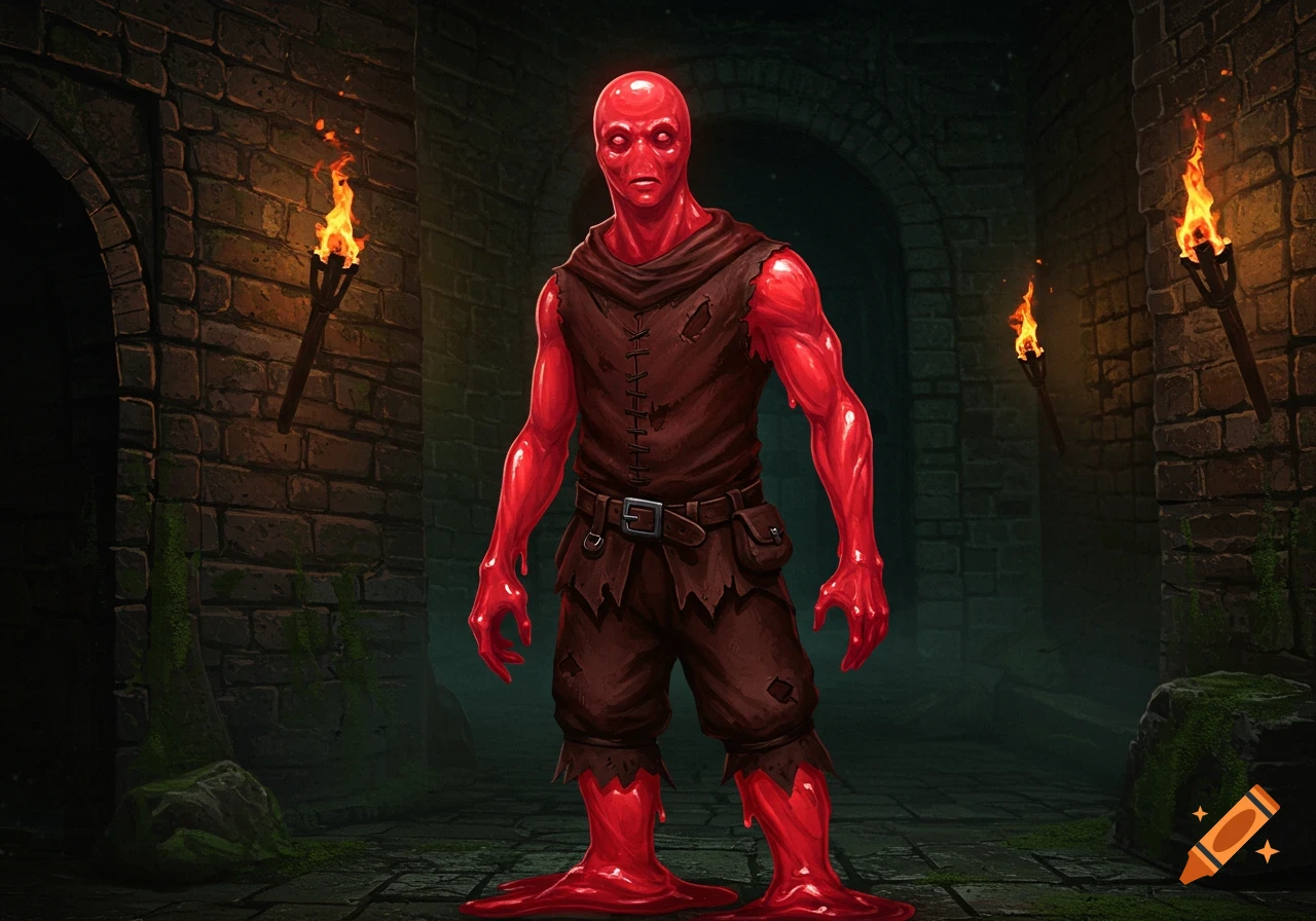 A red humanoid slime creature stands in a dimly lit medieval dungeon ...