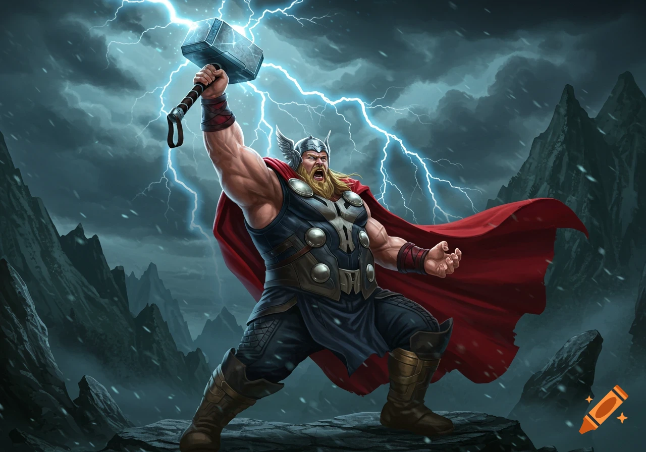 Muscular Thor raises Mjolnir with lightning in a stormy fantasy ...