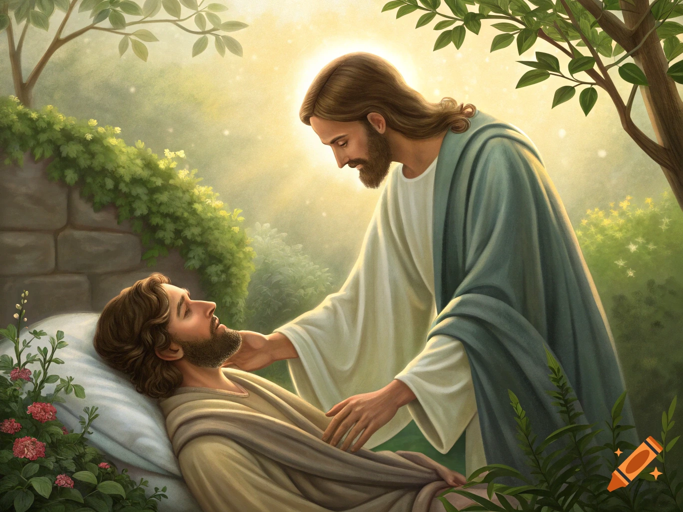 Painting of Jesus leaning over and touching a man lying down in a ...