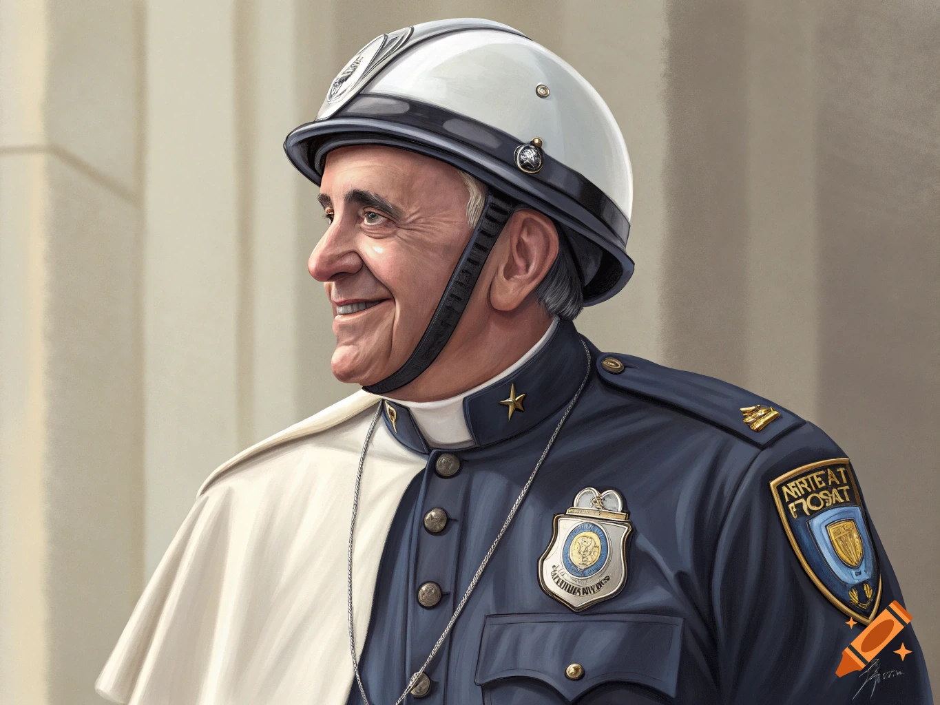 Digital painting of Pope Francis wearing a police uniform and helmet ...