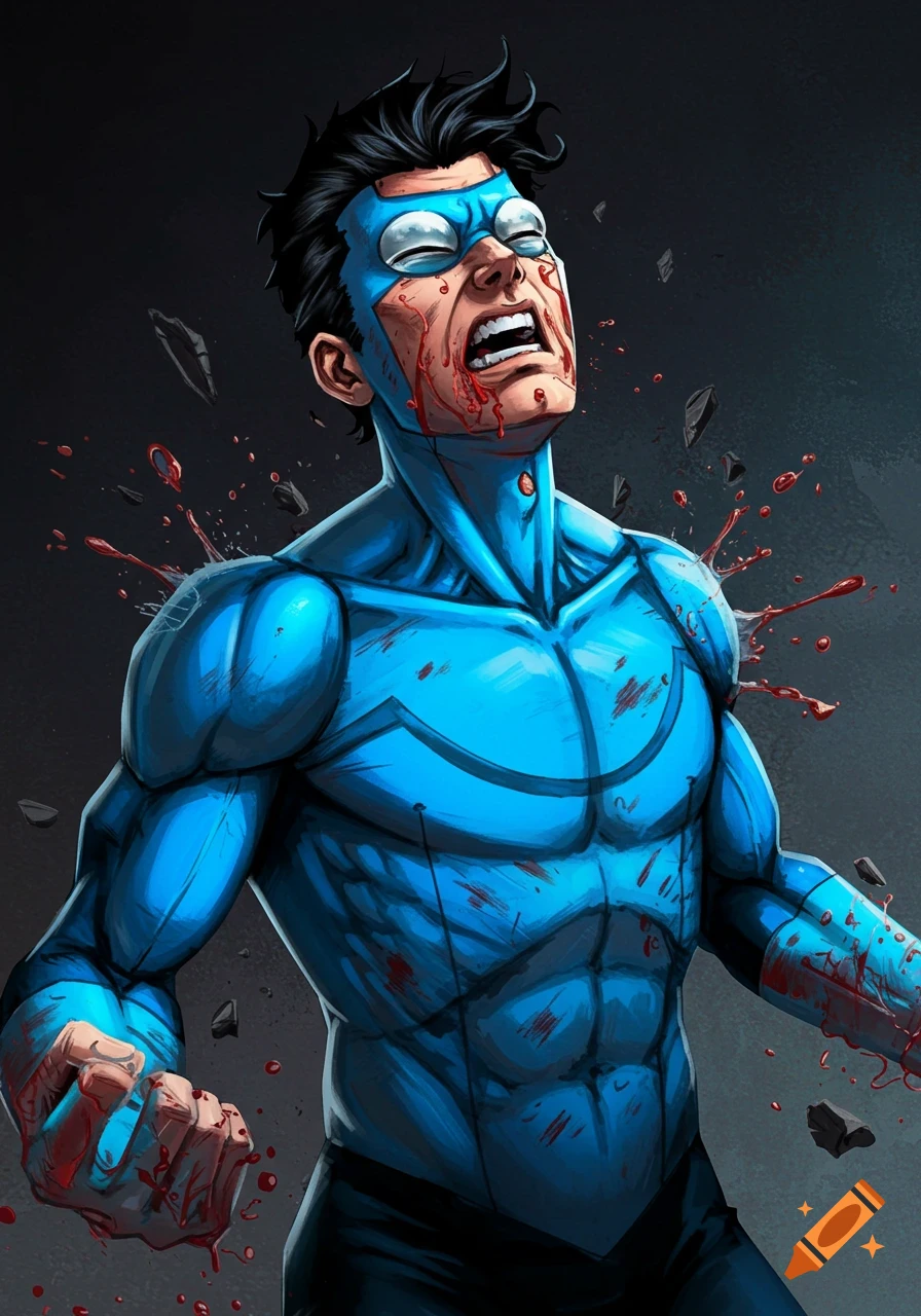 Illustration of a superhero in a blue suit, covered in blood and ...