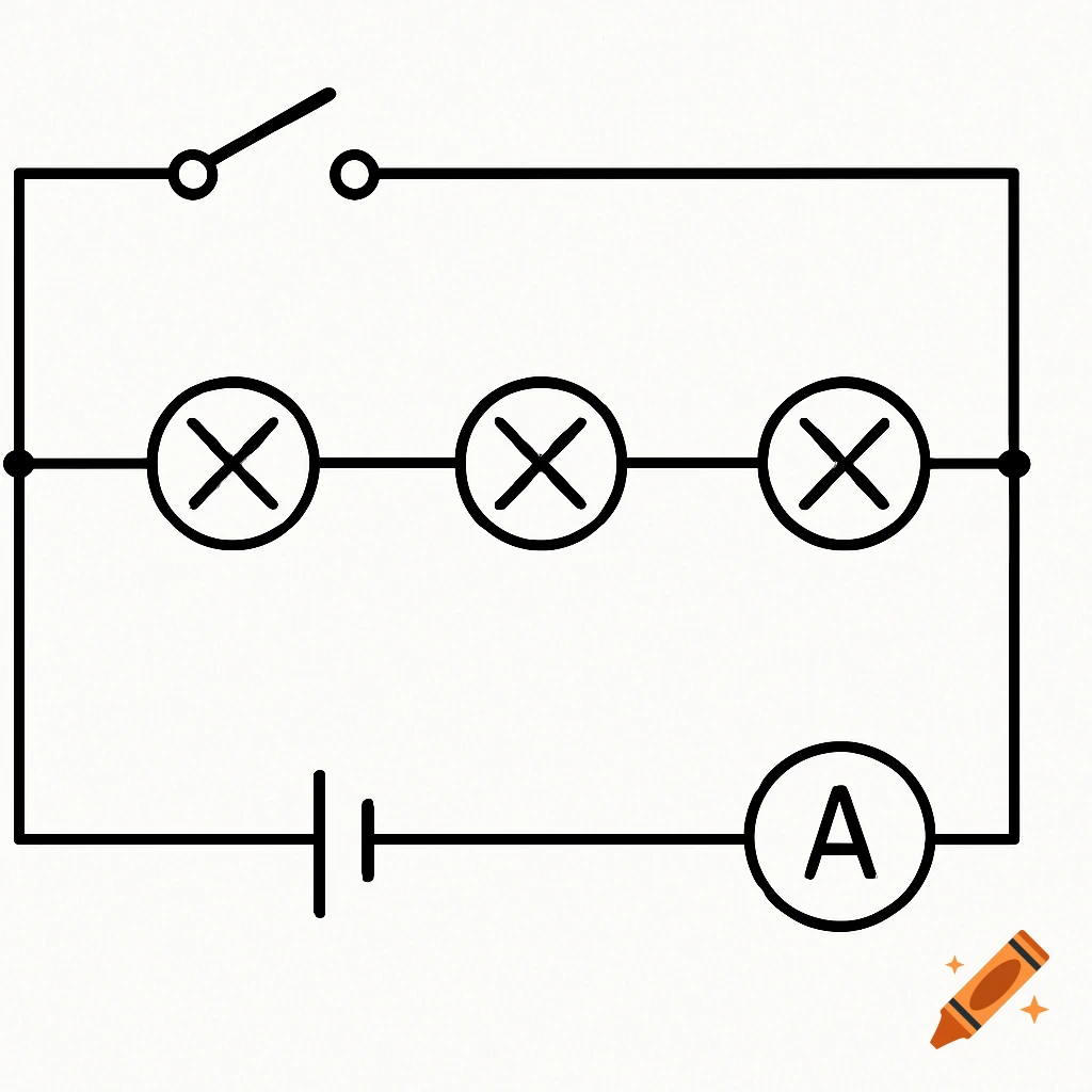 A line drawing of a series circuit diagram with three bulbs, an ammeter ...