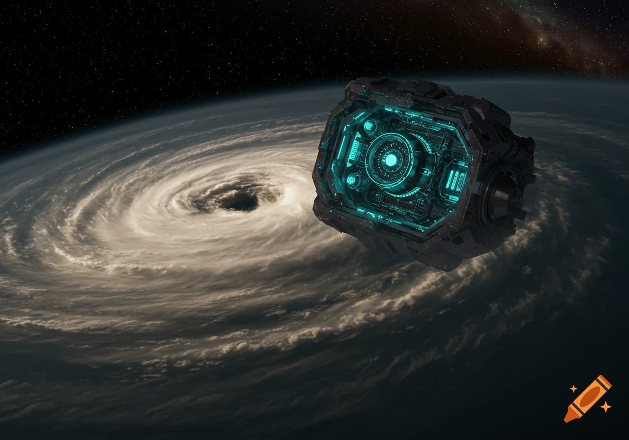 A futuristic probe or machine floats above a planet's large swirling ...