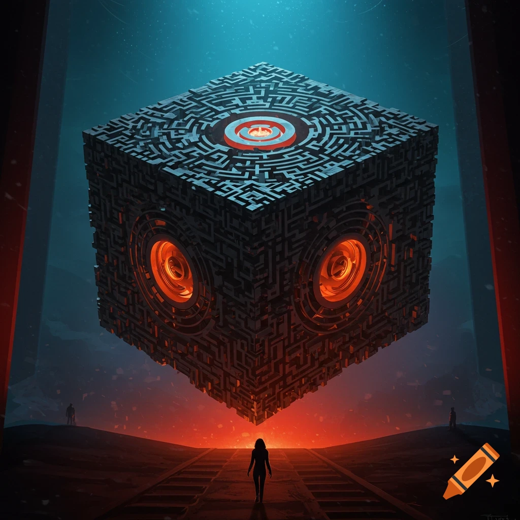 A giant detailed cube structure covered in intricate patterns floats ...