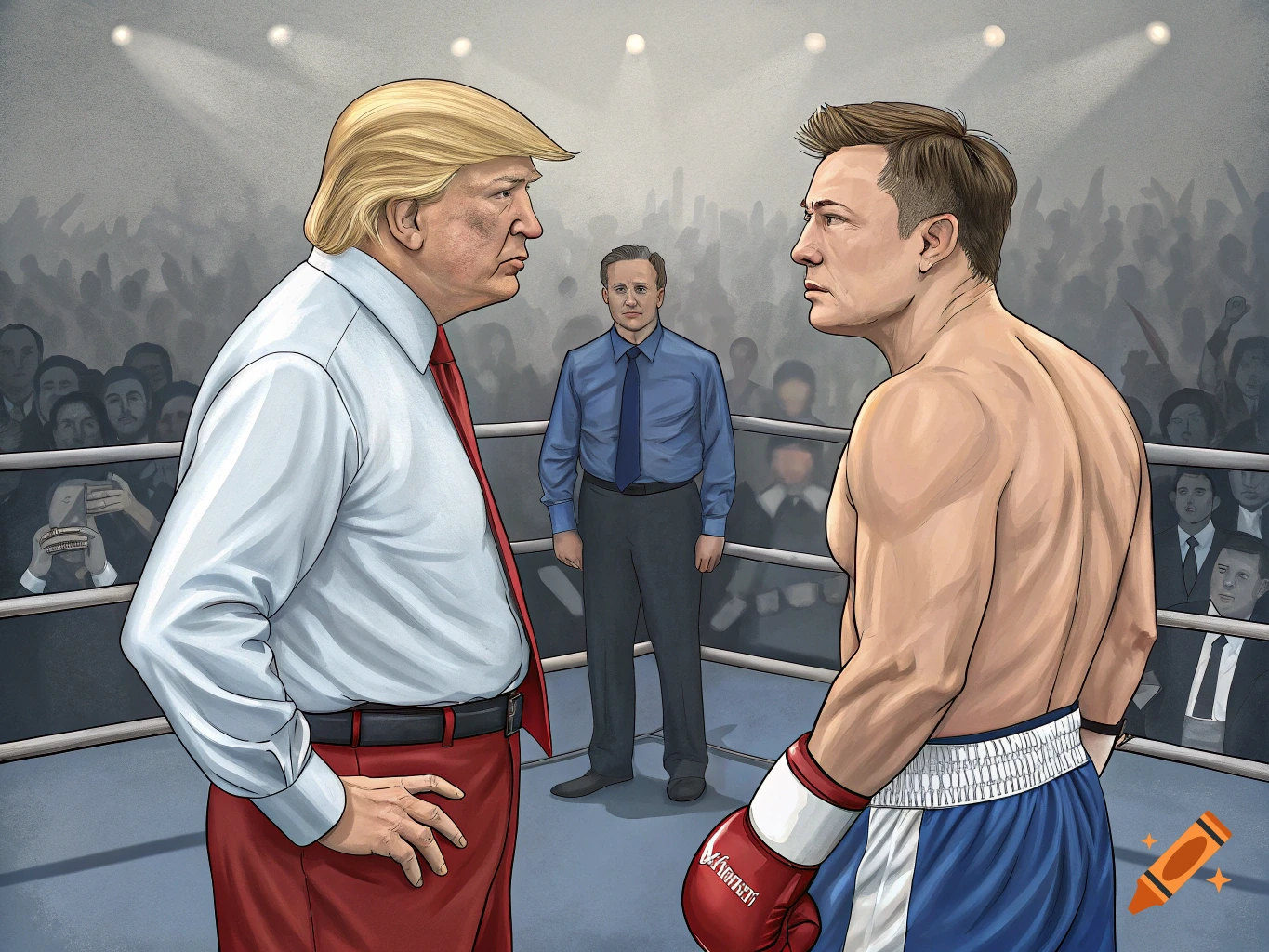 Illustration of Donald Trump and Elon Musk facing off in a boxing ring ...