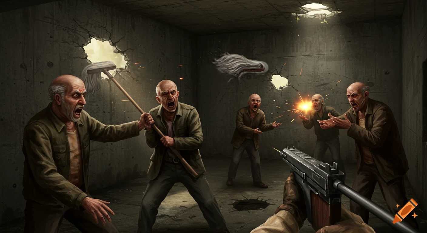 First-person view of combat in a concrete bunker, fighting angry old ...