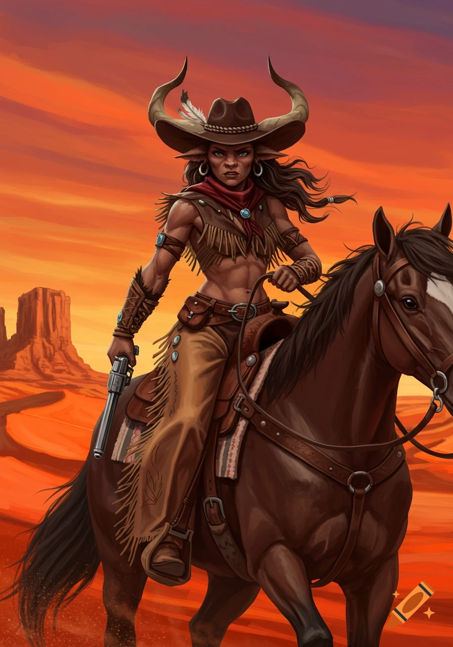 Digital illustration of a female minotaur cowgirl riding a horse in a ...