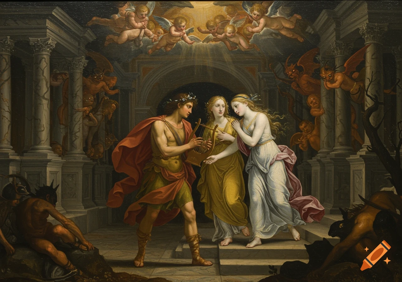 Painting of Orpheus leading Eurydice from the underworld, with angels above and demons below. on ...