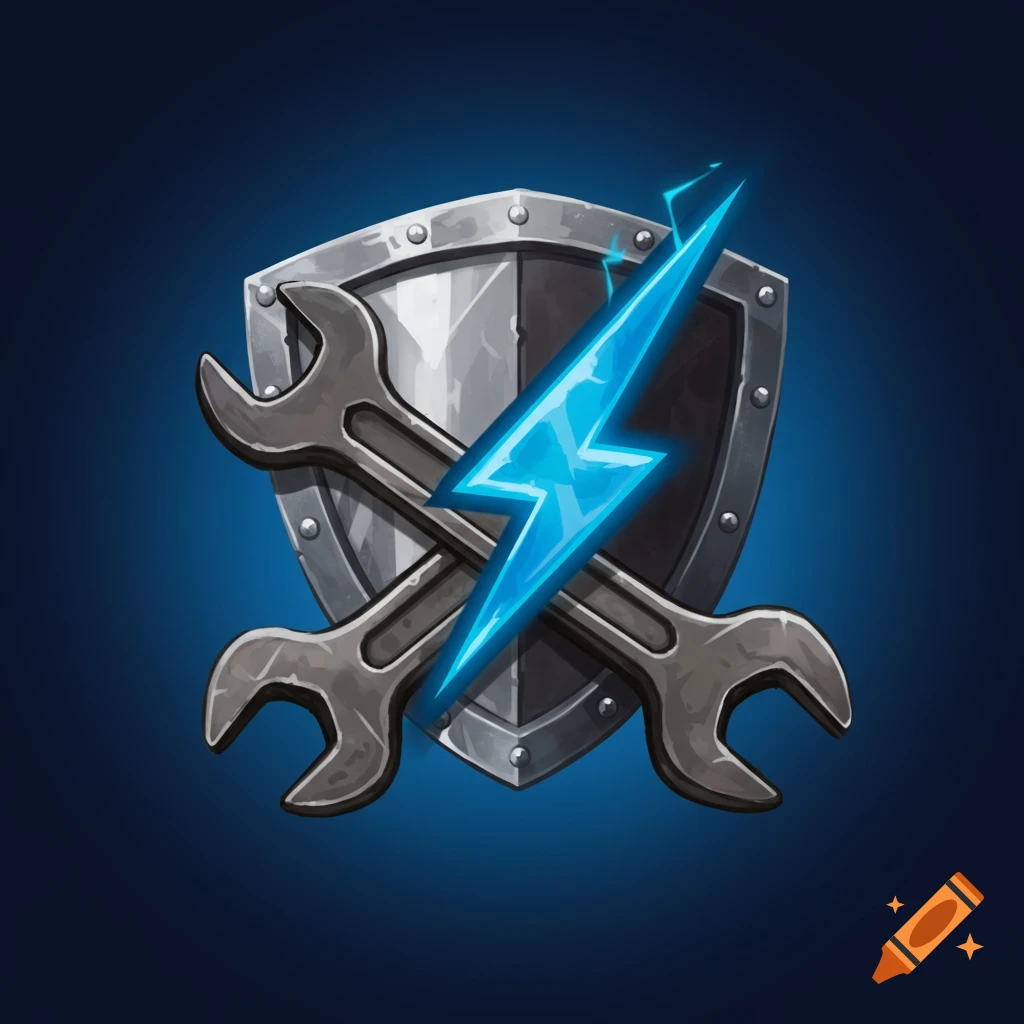 A stylized symbol with a shield, crossed wrenches, and a blue lightning ...