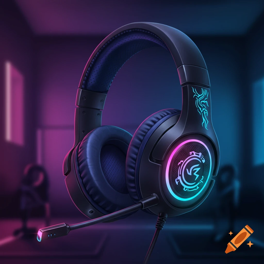 A sleek black gaming headset with blue and pink LED lights sits in a ...