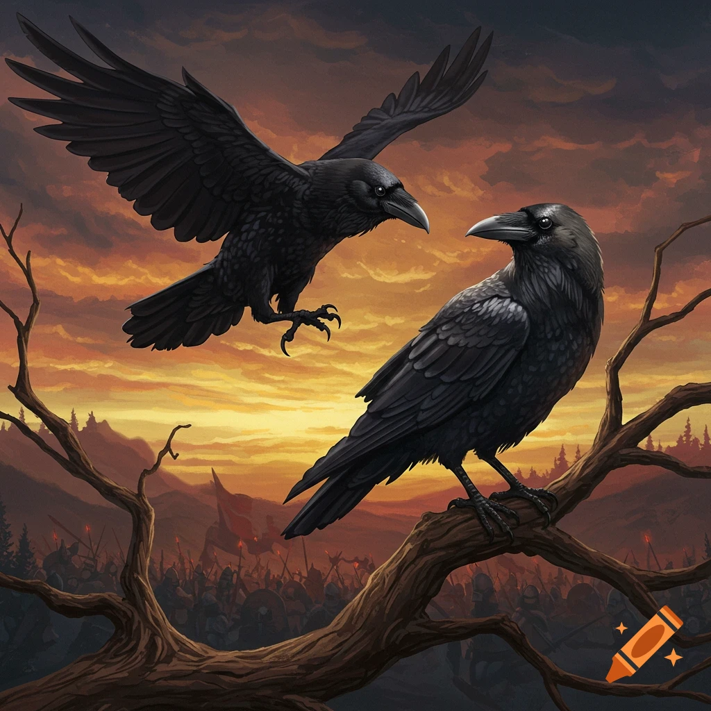 Two ravens over a sunset battlefield on Craiyon