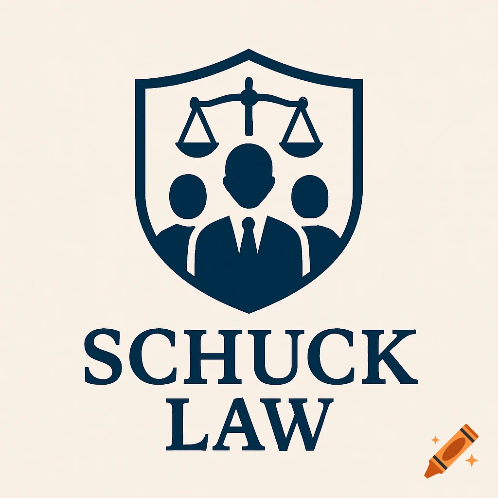 Logo for Schuck Law with scales of justice, three figures, and a shield ...
