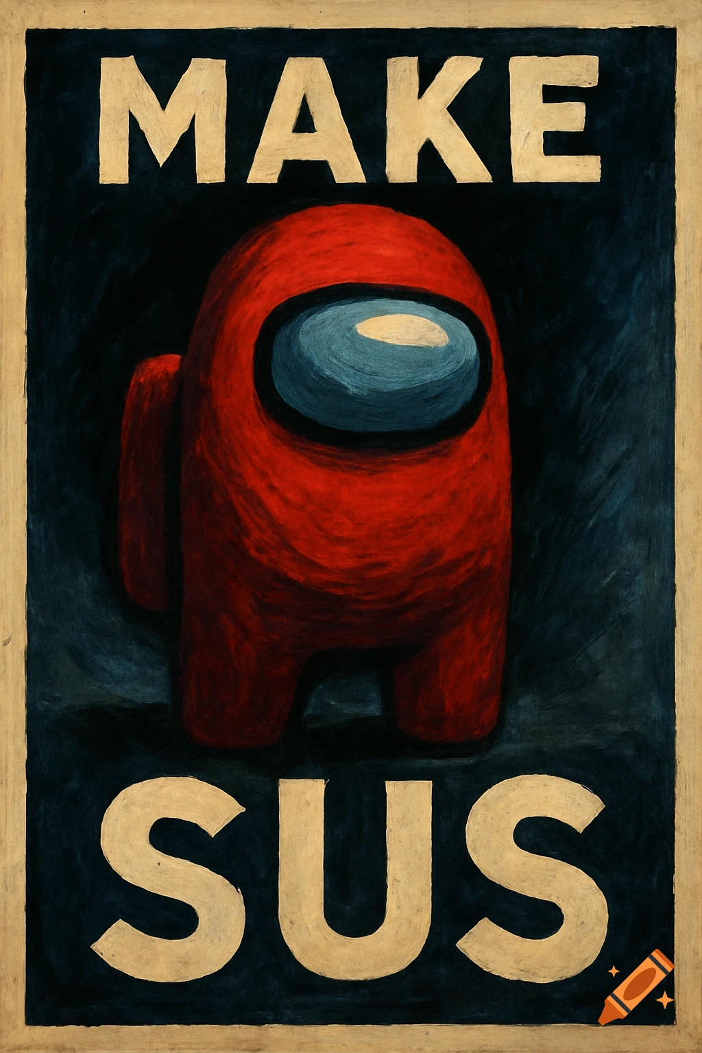 Poster featuring a red Among Us character with the text 'MAKE SUS ...