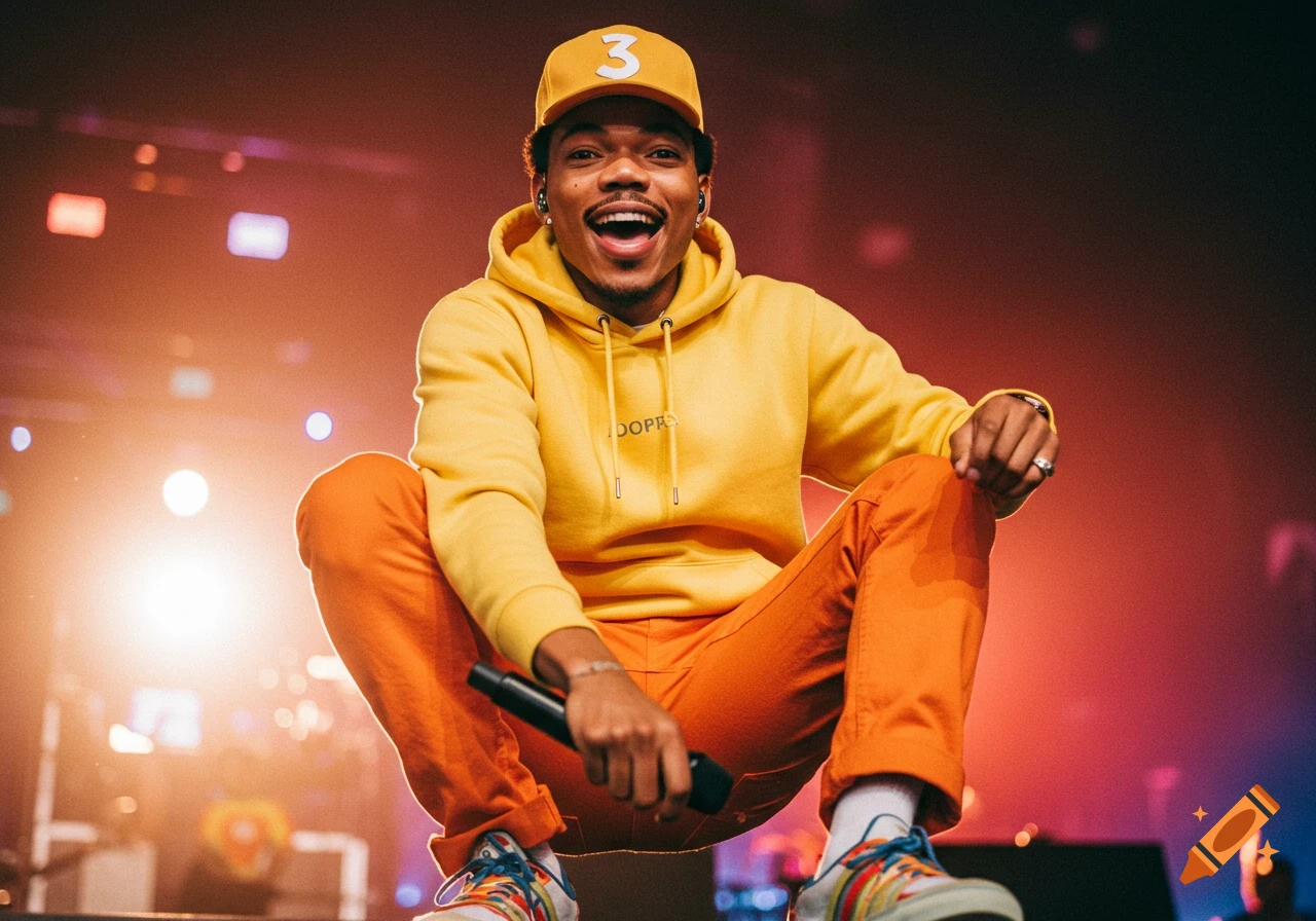 A person resembling Chance the Rapper performs on stage, wearing a ...