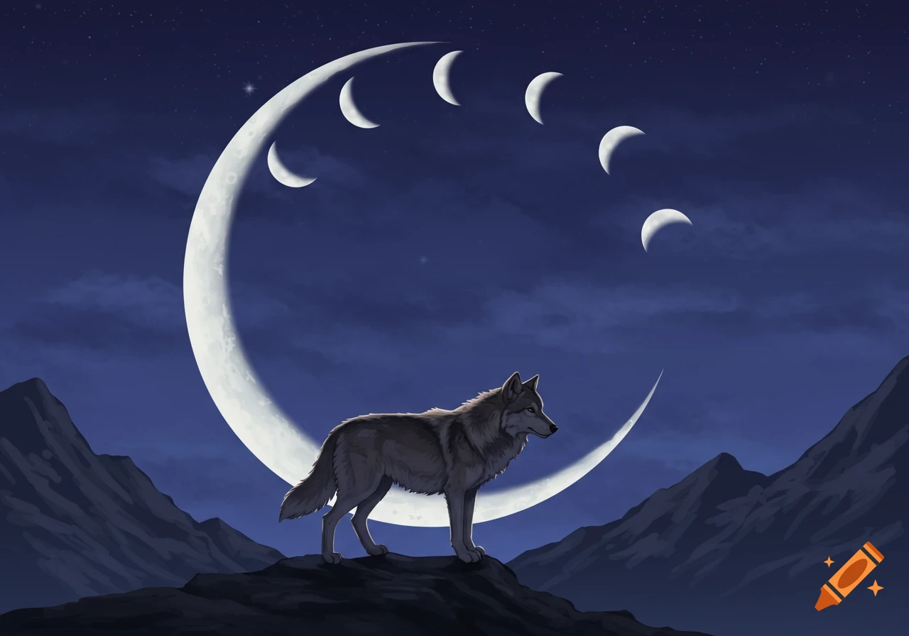 An illustration of a wolf standing on a rock in the mountains with a ...