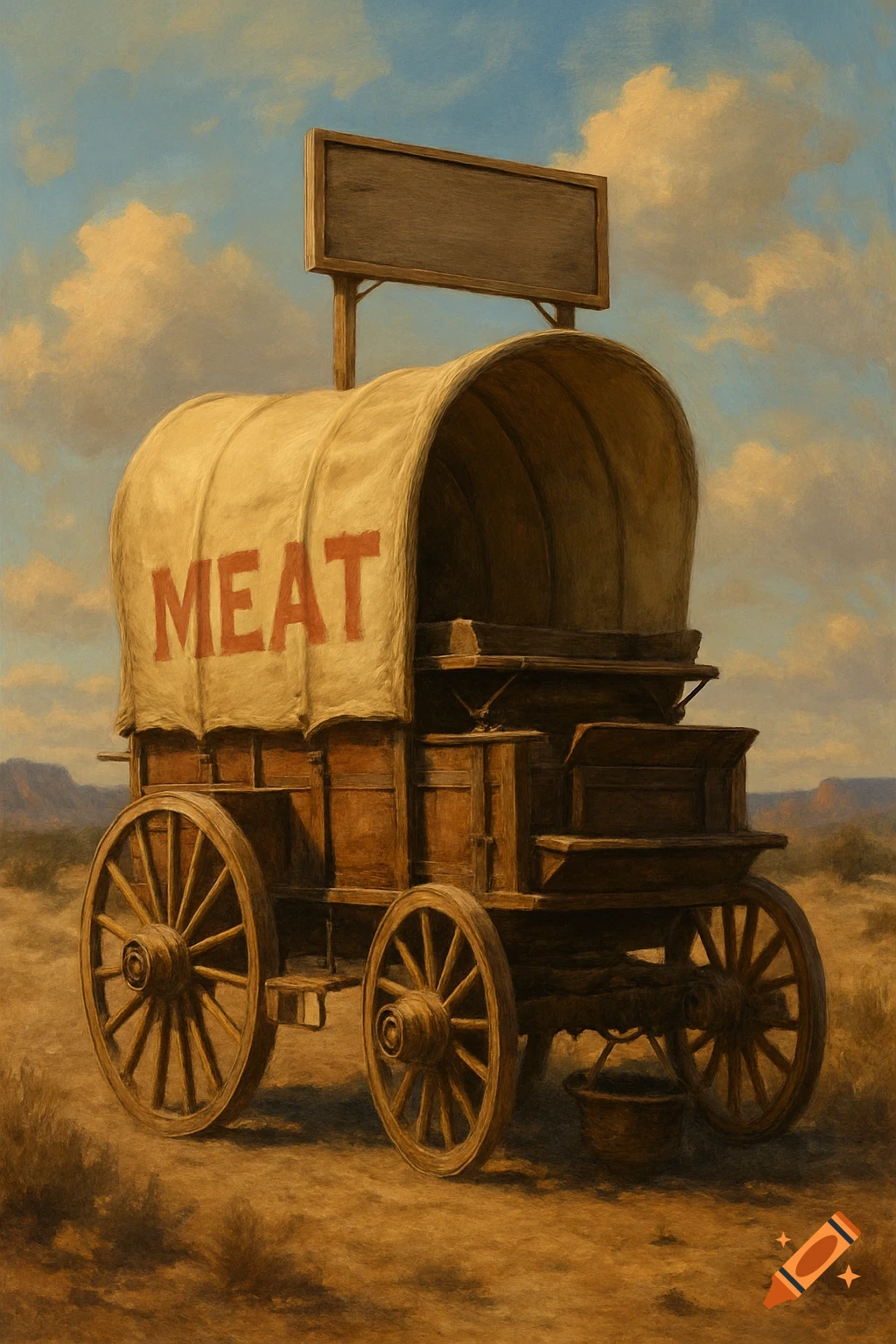 A covered wagon with 'MEAT' written on its side, topped with an empty ...