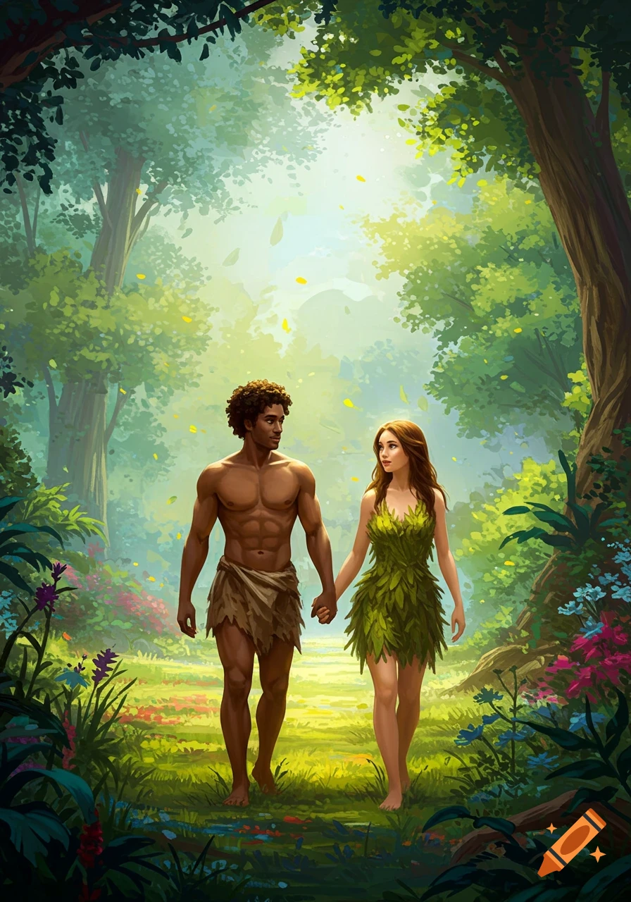 Adam and Eve holding hands walking in a lush green garden, painterly ...