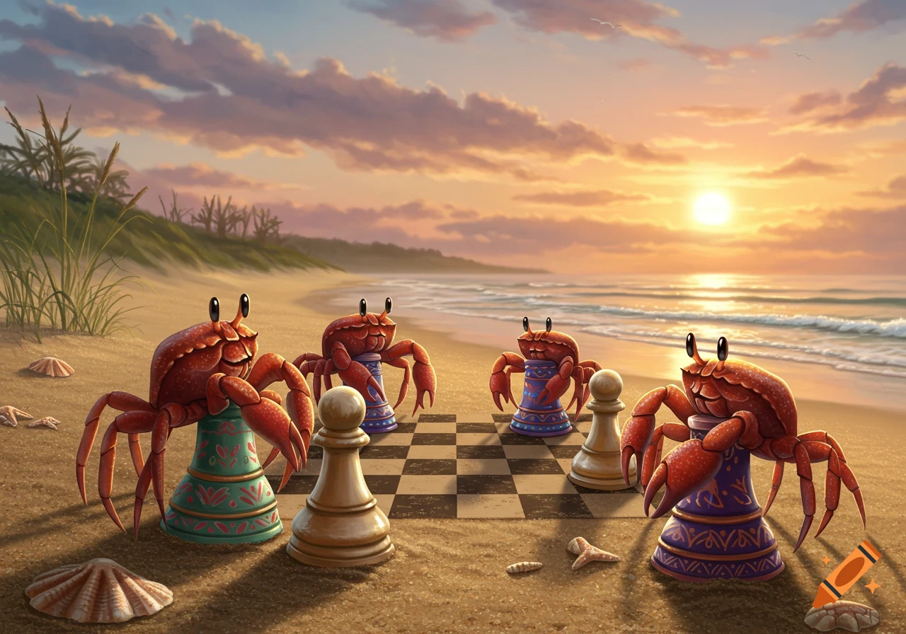 Several cartoon crabs playing chess on a beach at sunset. on Craiyon