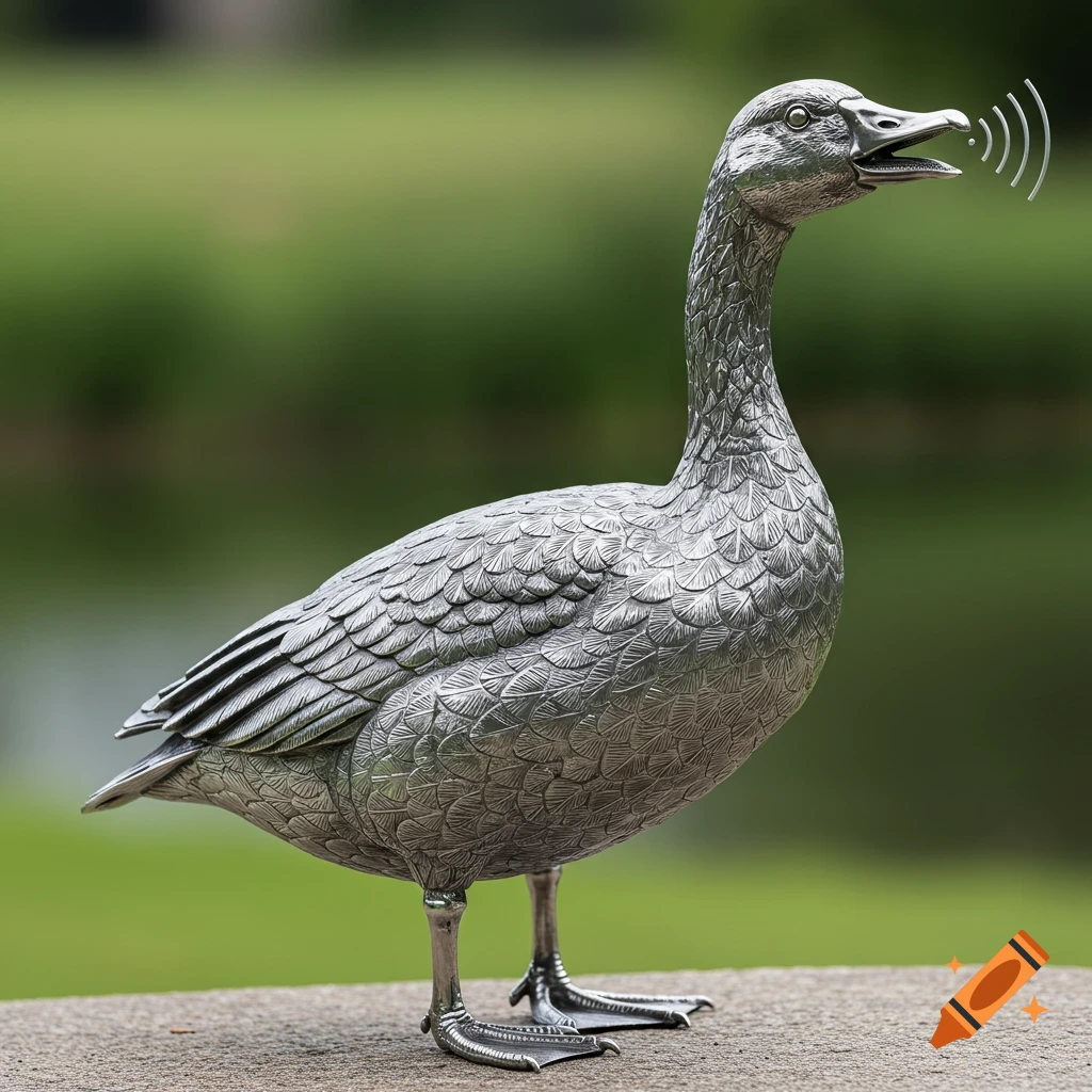 A silver metallic goose statue stands on stone with sound waves from ...