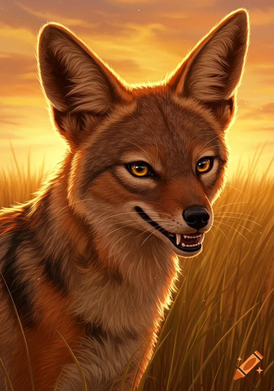 Digital painting of a jackal close-up in tall grass at sunset on Craiyon
