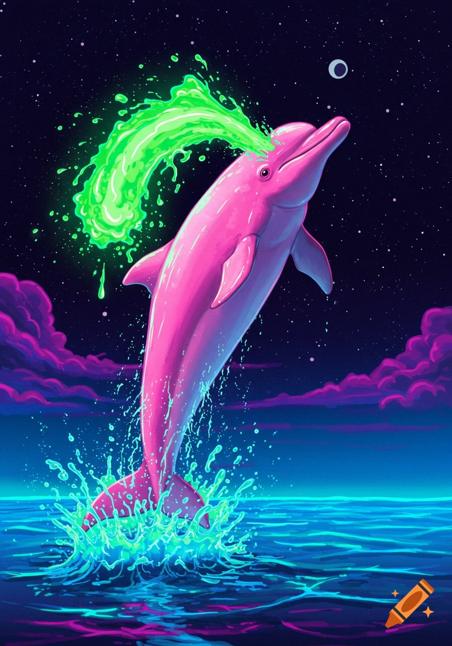 Pink dolphin leaps from neon ocean shooting green liquid against starry ...