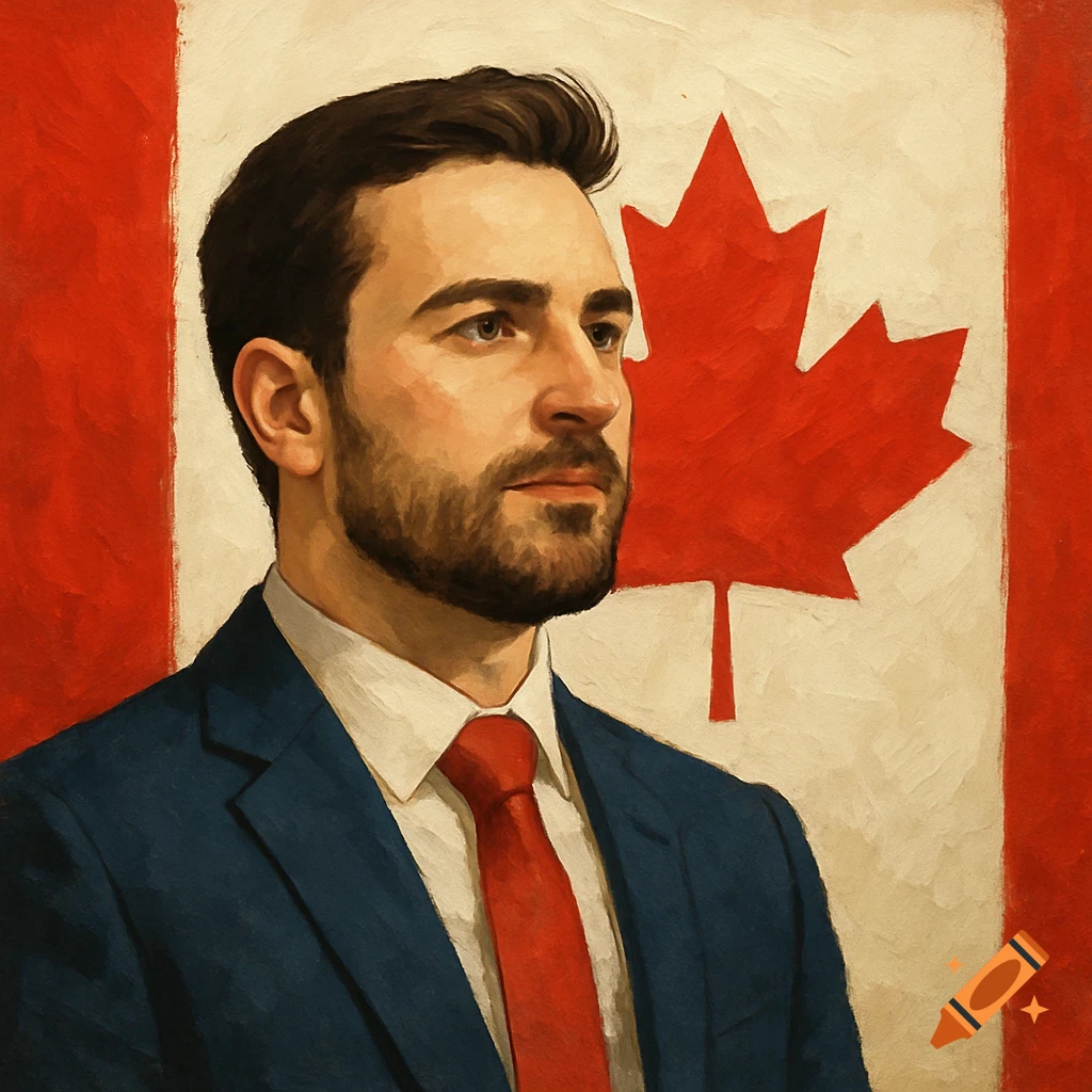 Painting of a man in a suit standing in front of a Canadian flag. on ...