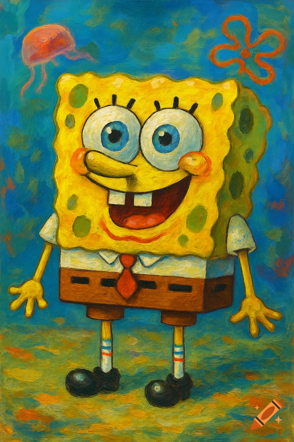 Painting of Spongebob Squarepants and a jellyfish. on Craiyon