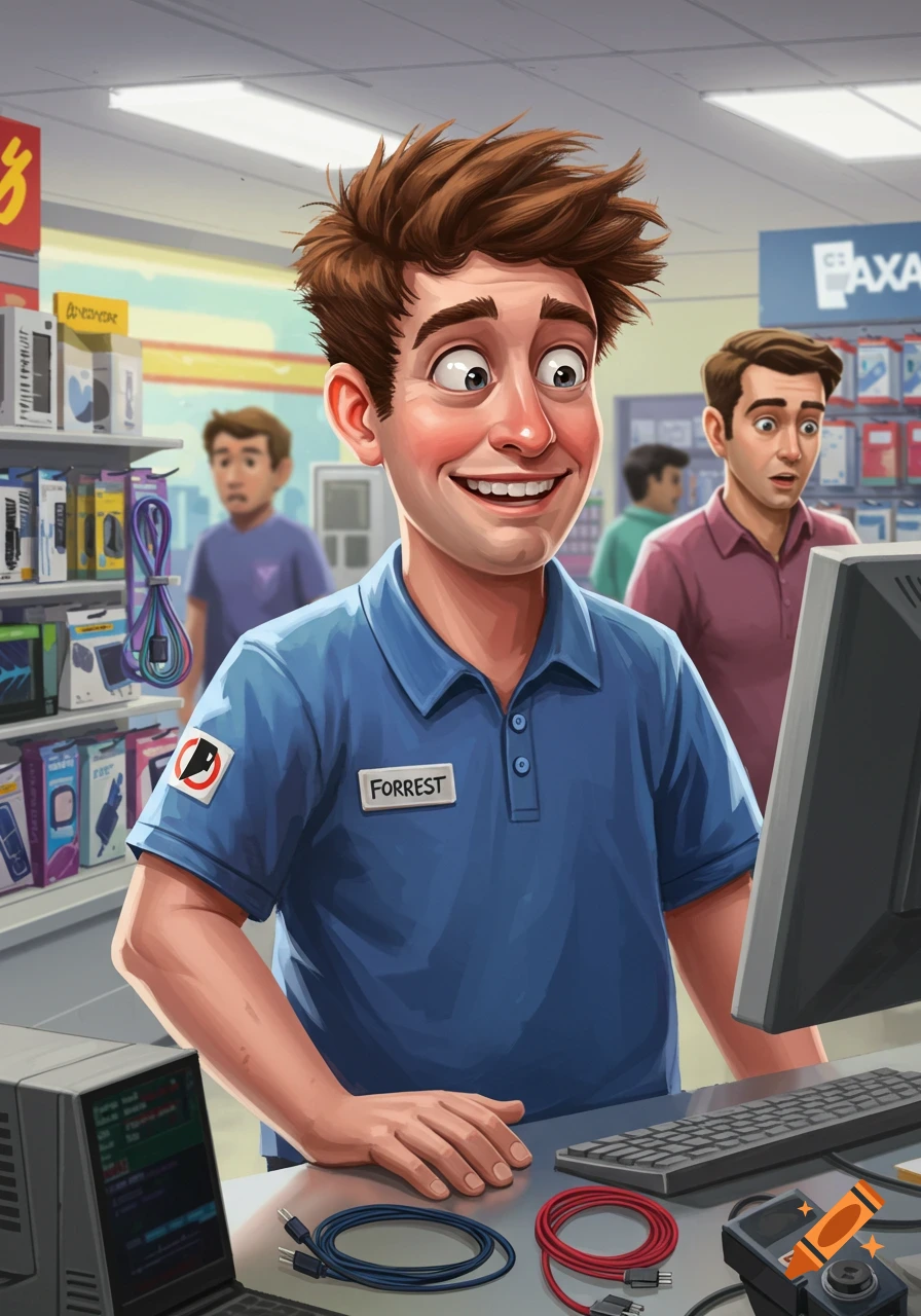 Cartoon illustration of a computer store employee named Forrest looking ...
