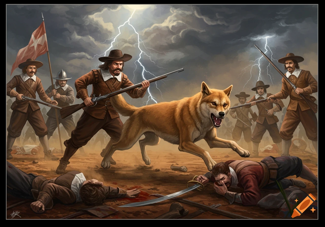 Illustration of a dingo fighting Dutch soldiers on a stormy battlefield ...