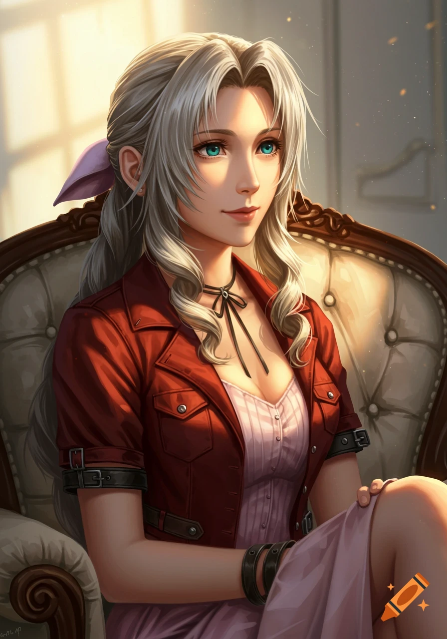 Realistic illustration of Aerith from Final Fantasy sitting in a chair ...