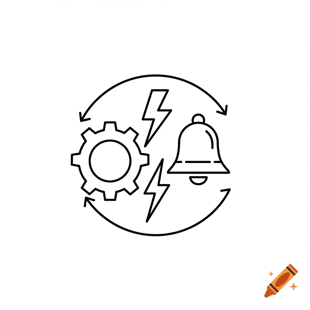 Line art icon of a gear, lightning bolts, bell, and arrows on Craiyon