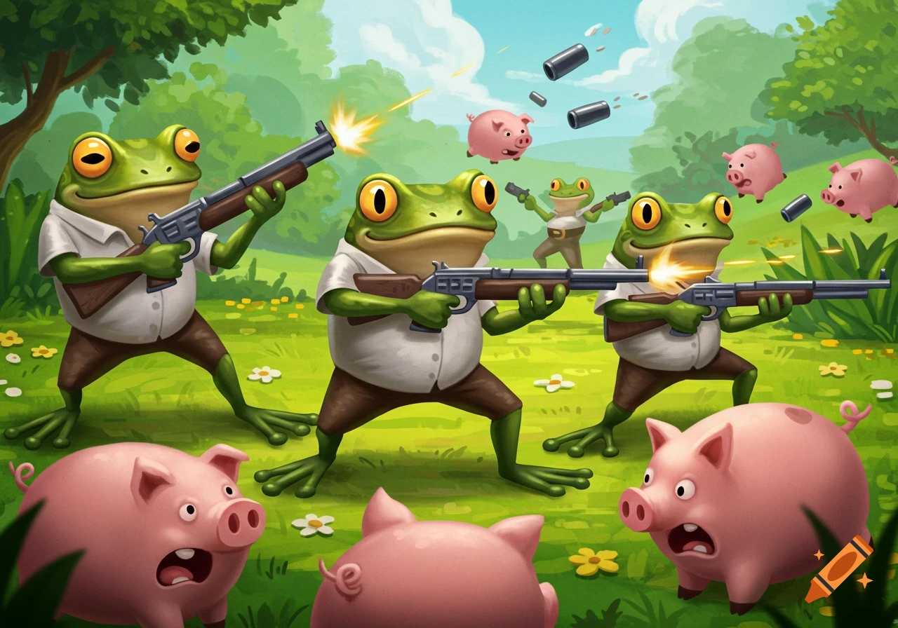 Cartoon frogs in shirts shooting at pigs in a field on Craiyon
