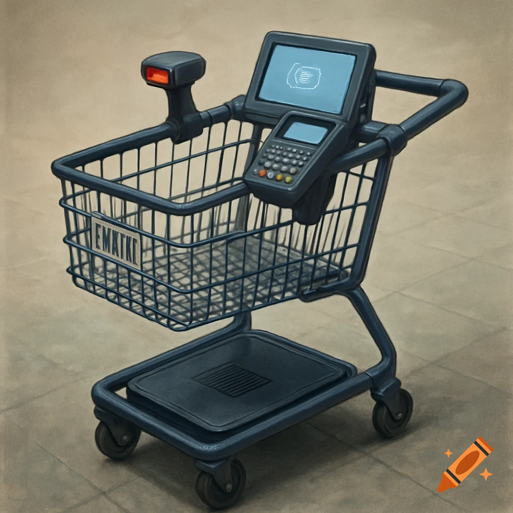 An illustrative image of a shopping cart with attached scanner, card ...