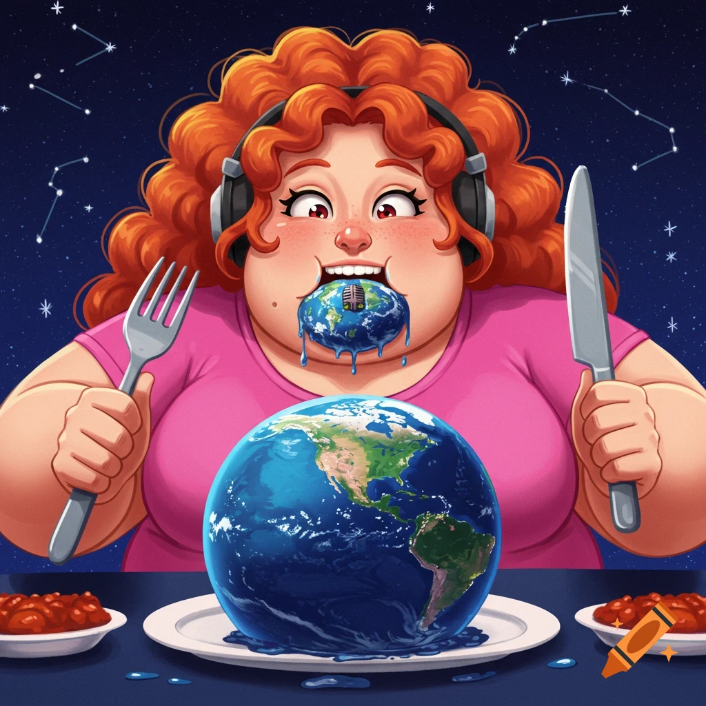Cartoon of a person with ginger hair and headphones eating planet Earth ...