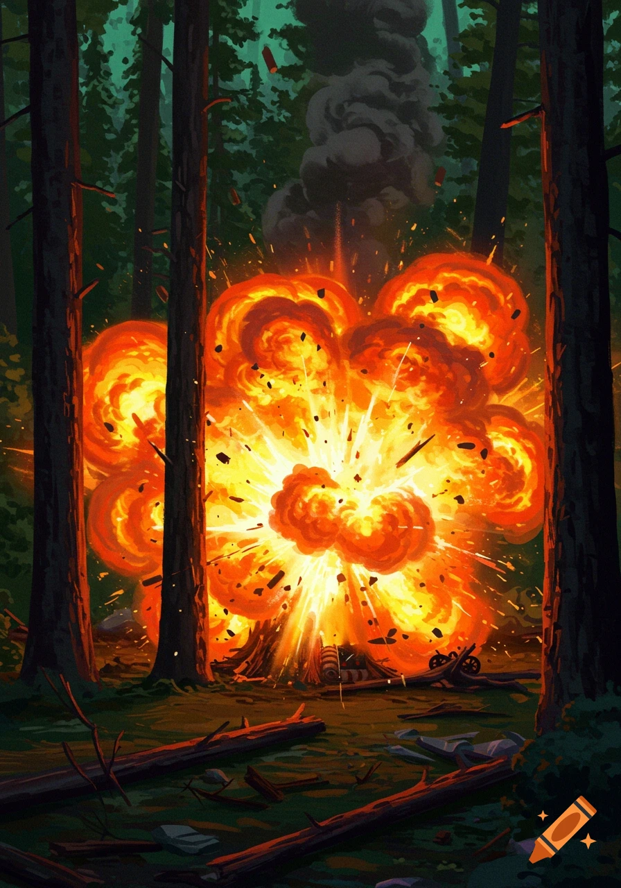 Large stylized explosion in a forest clearing with trees and fallen ...