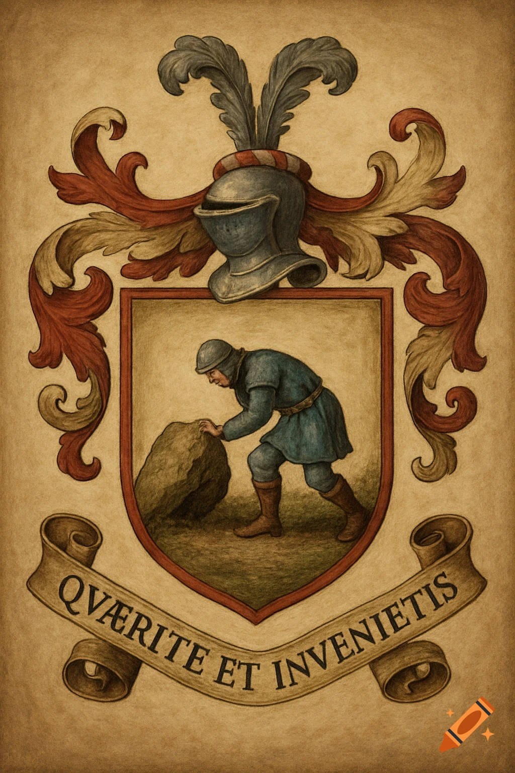 Heraldic coat of arms with a man looking under a rock and Latin motto ...