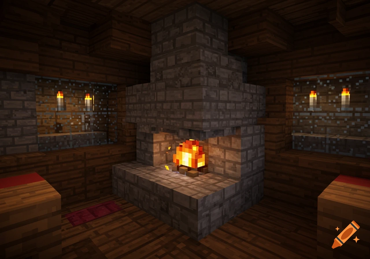 A Minecraft interior scene featuring a large stone fireplace with a ...