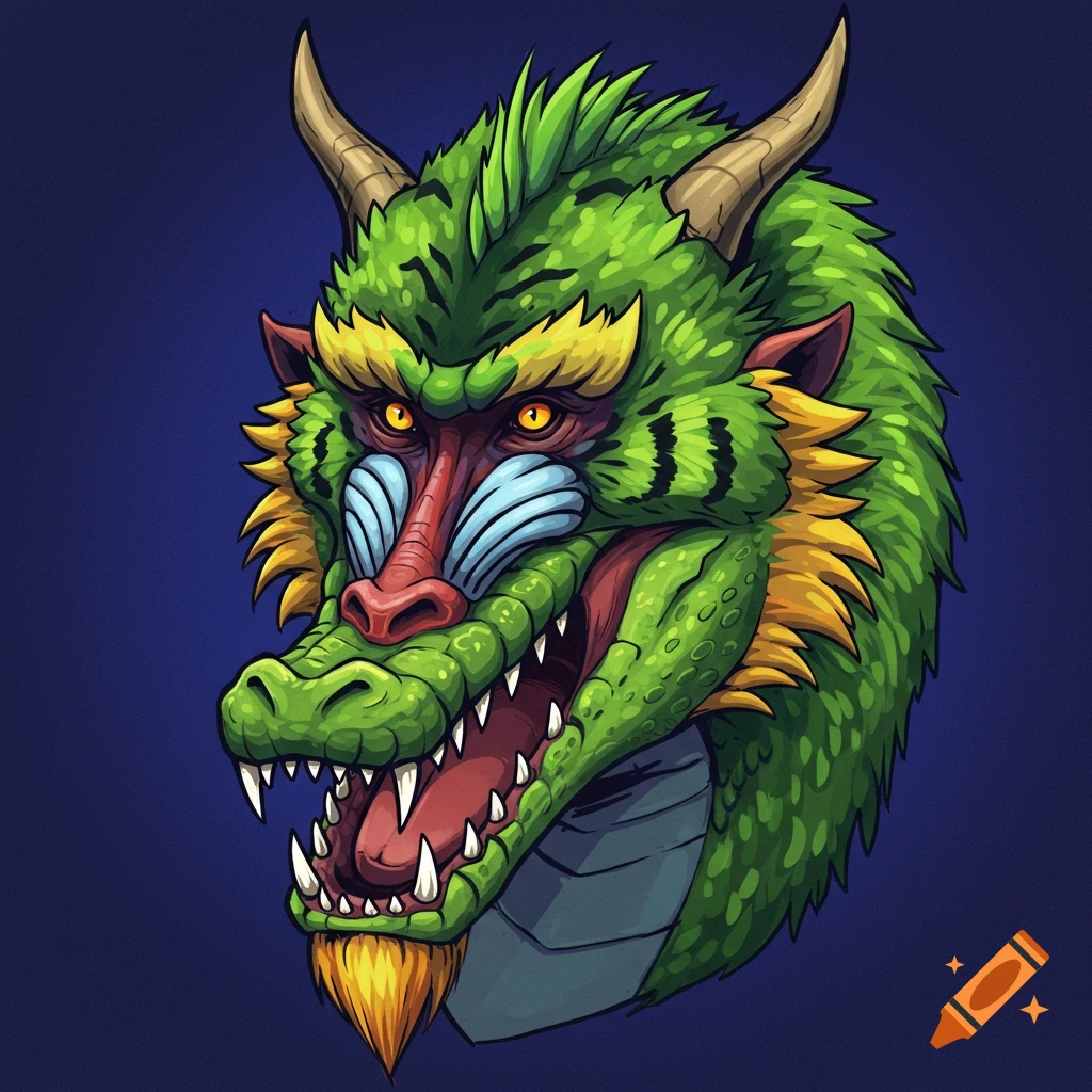 Head of a green eastern dragon and mandrill hybrid on Craiyon