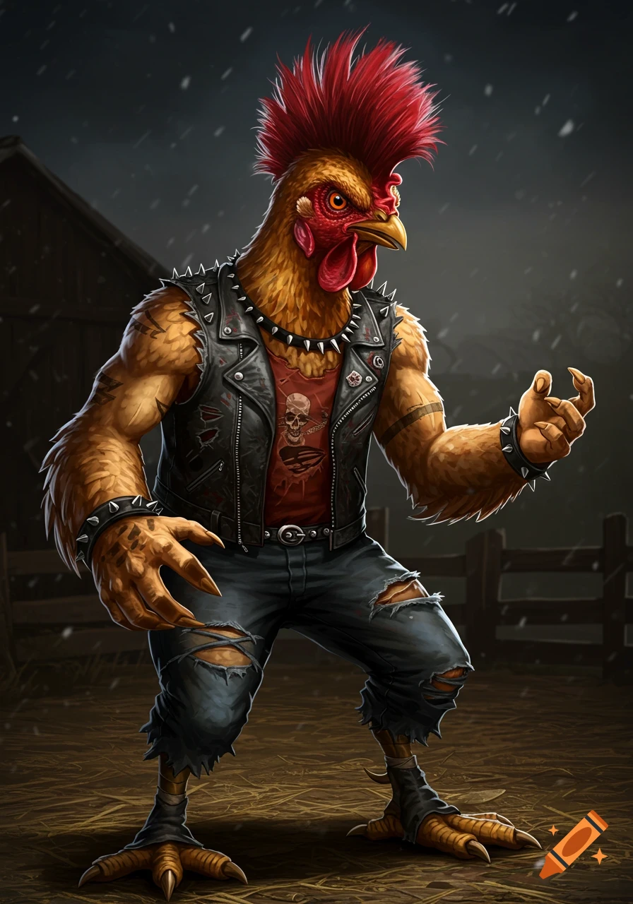A stylized drawing of a punk chicken wearing a leather vest, ripped ...