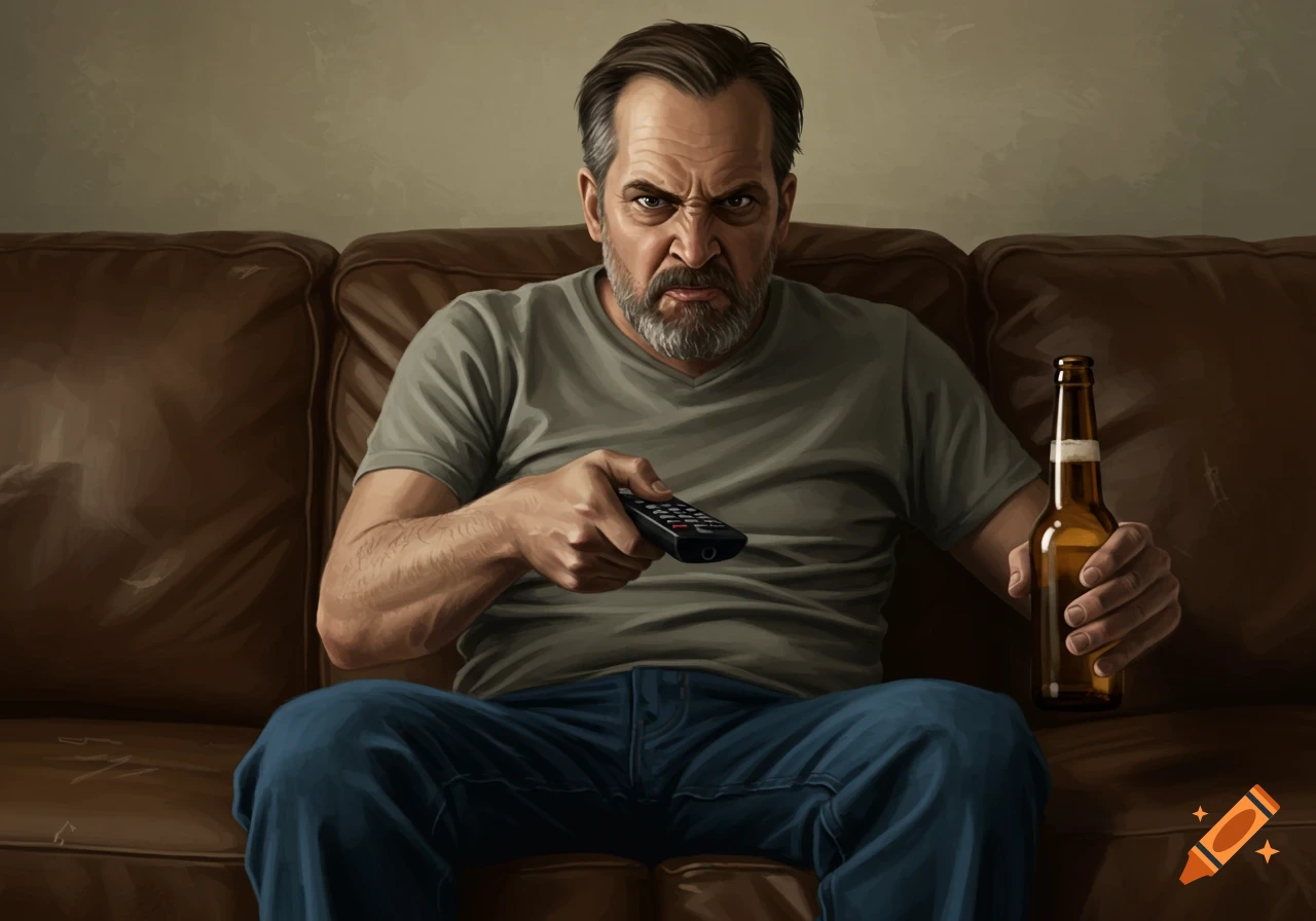 Illustration of an angry man sitting on a couch holding a TV remote and ...